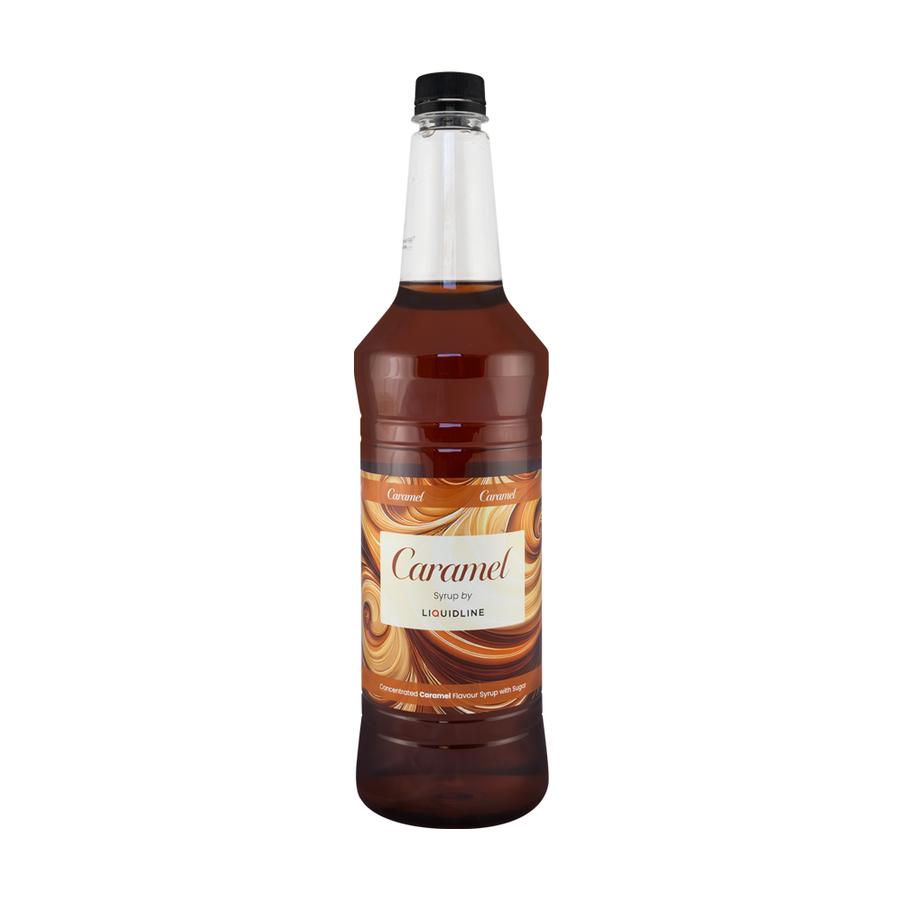 A bottle of Liquidline Caramel Syrup with a swirled caramel‑themed ...